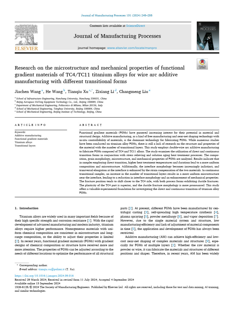 Journal of Manufacturing Processes: Jiachen Wang, He Wang, Tianqiu Xu ...