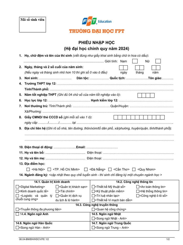 Phieu Nhap Hoc 2024 DaiHocFPT | PDF