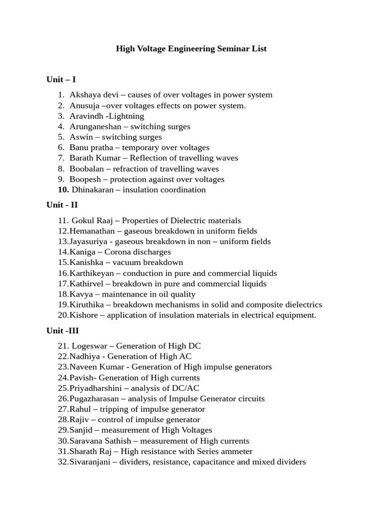 High Voltage Engineering Seminar List | PDF | Electrical Breakdown ...