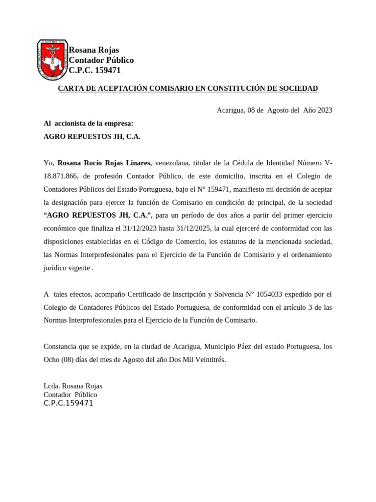 Aceptación Comisario JH | PDF | Contador | Documento de identidad