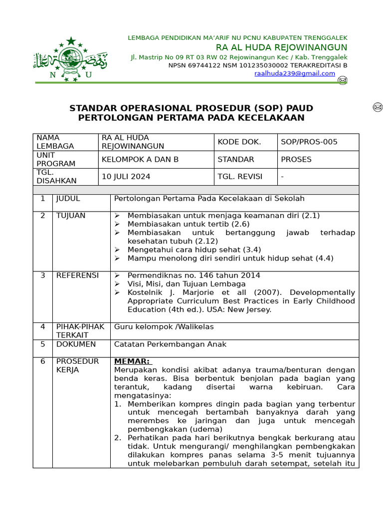 2024 5 Sop Paud Pertolongan Pertama Pada Kecelakaan | PDF