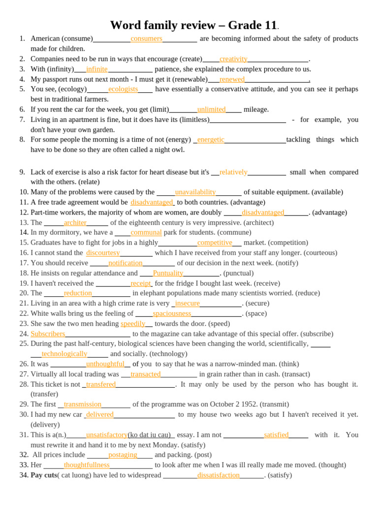 Word Family Review Grade 11 | PDF