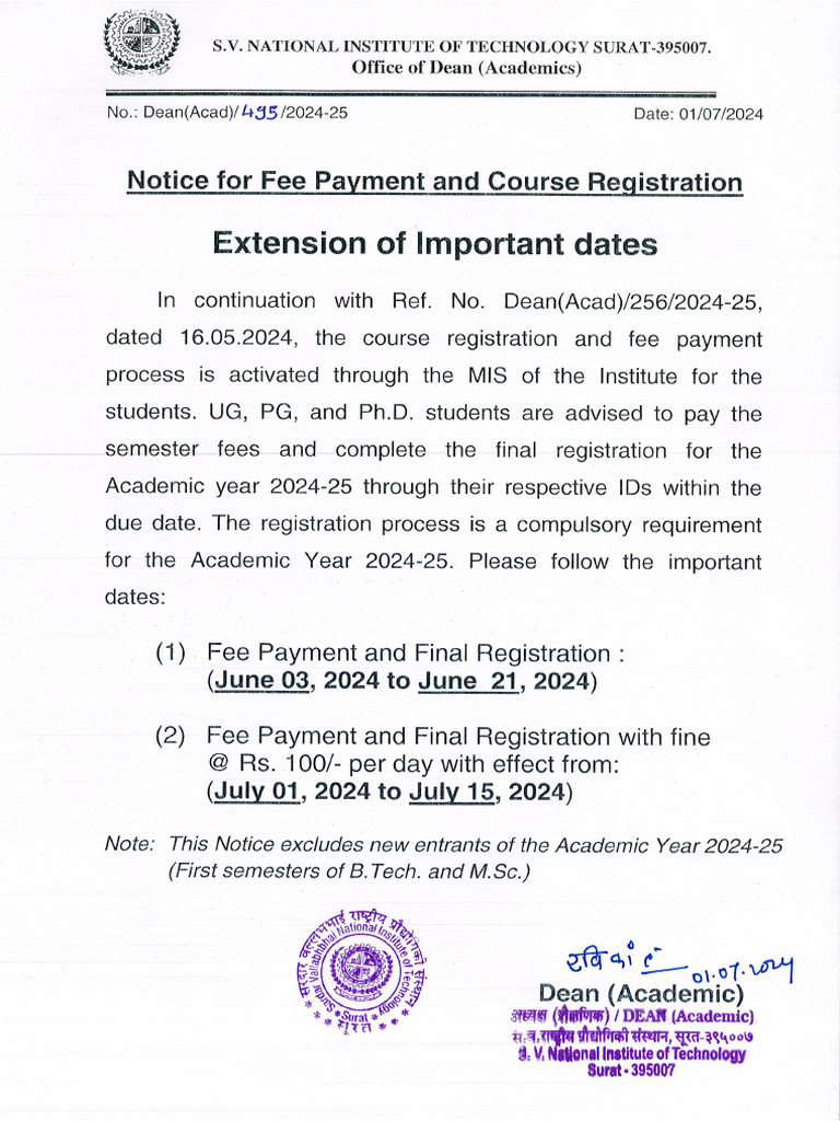 Notice For Fee Payment and Course Registration (Extension of Important ...