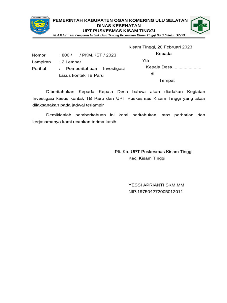 Surat Pemberitahuan Investigasi Kasus Kontak TB | PDF