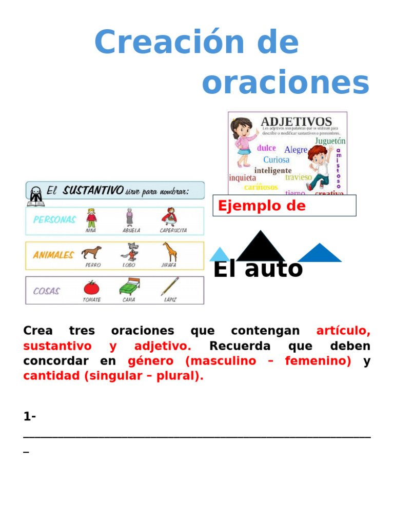 Creación de Oraciones (Artículo, Sustantivo, Adjetivo) | PDF