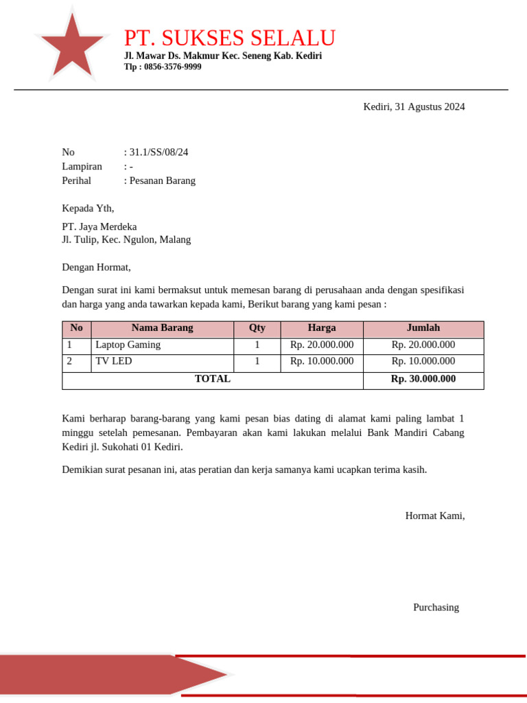 Contoh Surat Pemesanan Barang | PDF