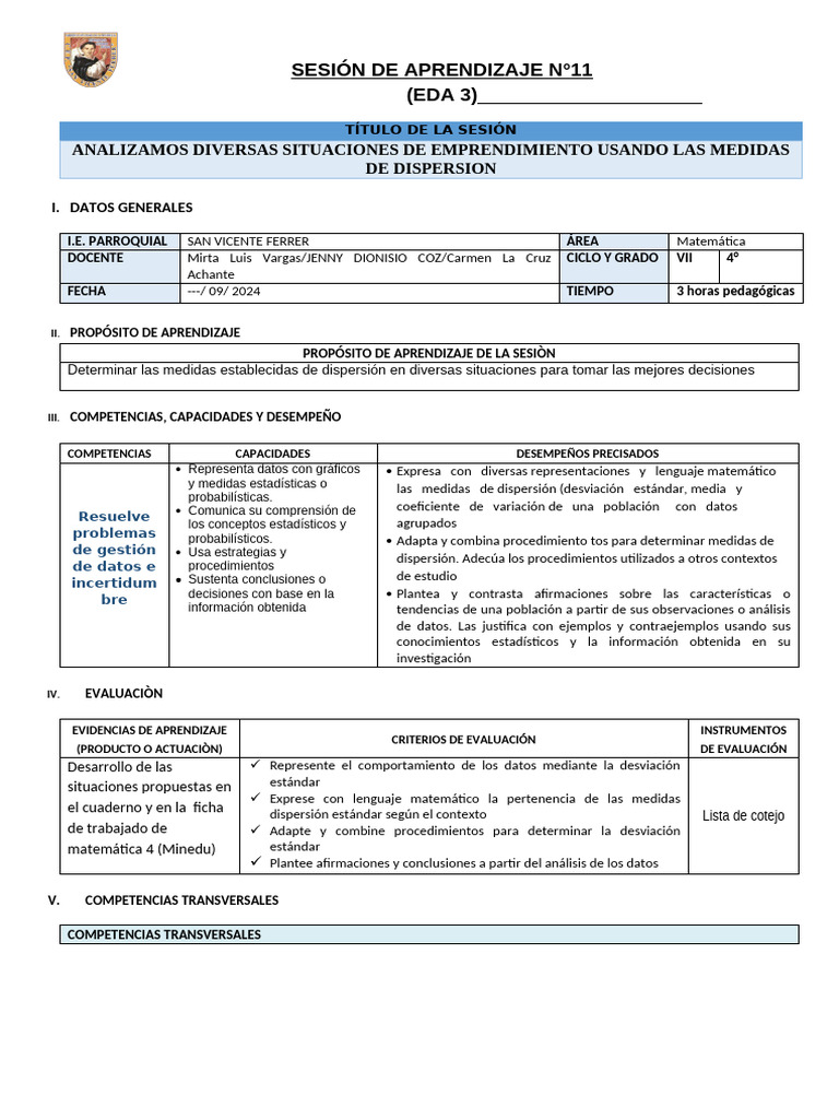 SESIÓN DE APRENDIZAJE 11- EDA 3 - | PDF