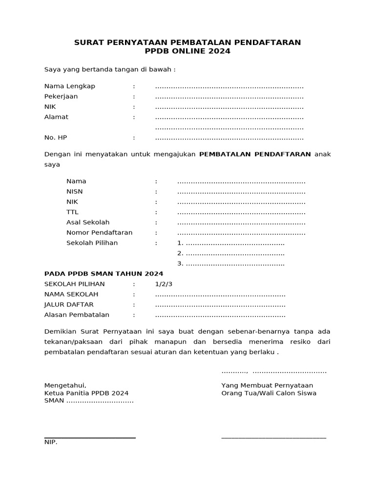 Form Pembatalan Pendaftaran Sma | PDF