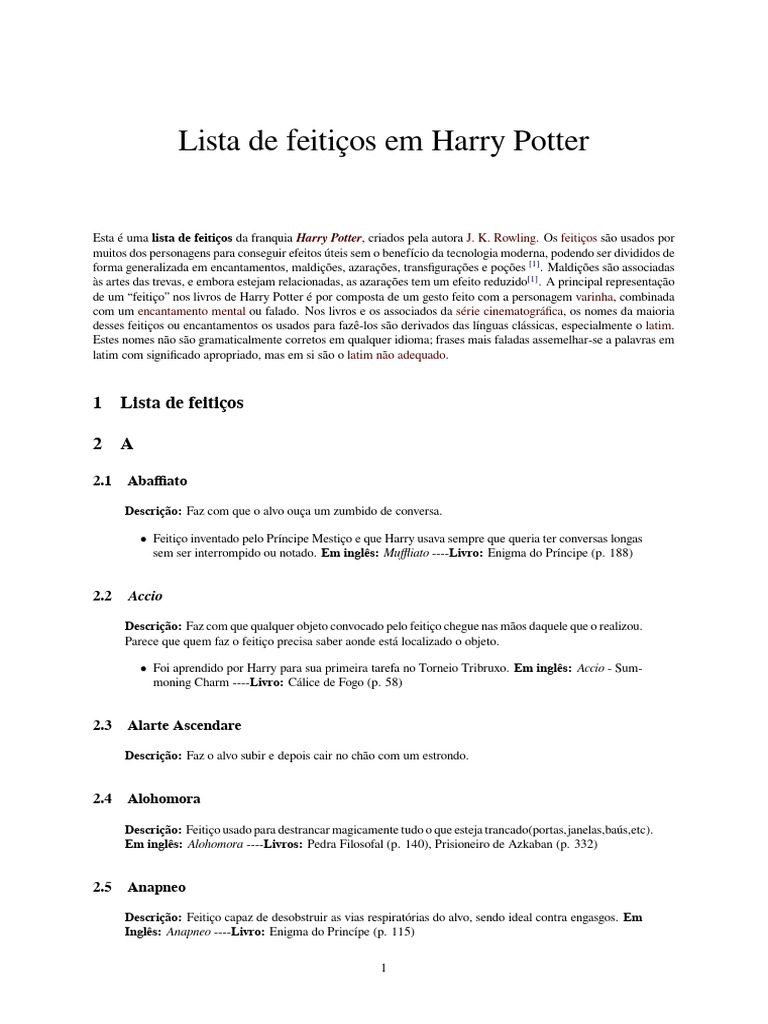 Lista de Feitiços em Harry Potter | PDF