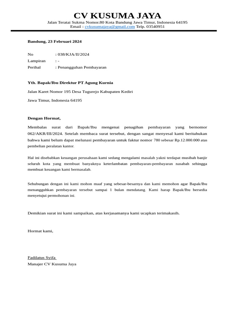 Contoh Surat Penangguhan Pembayaran | PDF