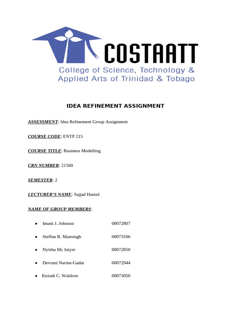 ENTP 215 - Idea Refinement Group Assignment | PDF