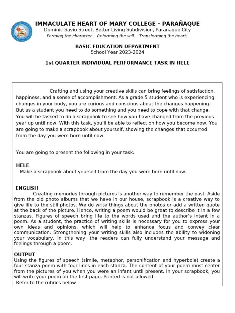 Performance Task Hele English Grade 5 | PDF