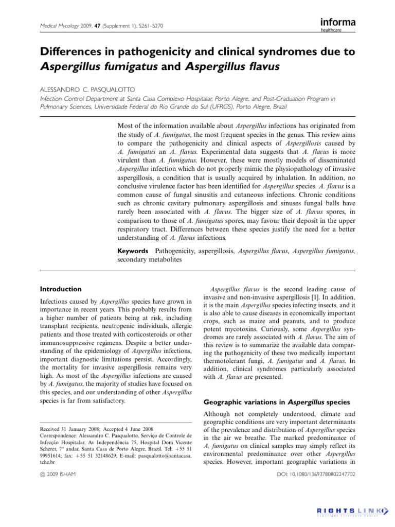 Differences in Pathogenicity and Clinical Syndromes Due To Aspergillus Fumigatus and Aspergillus ...