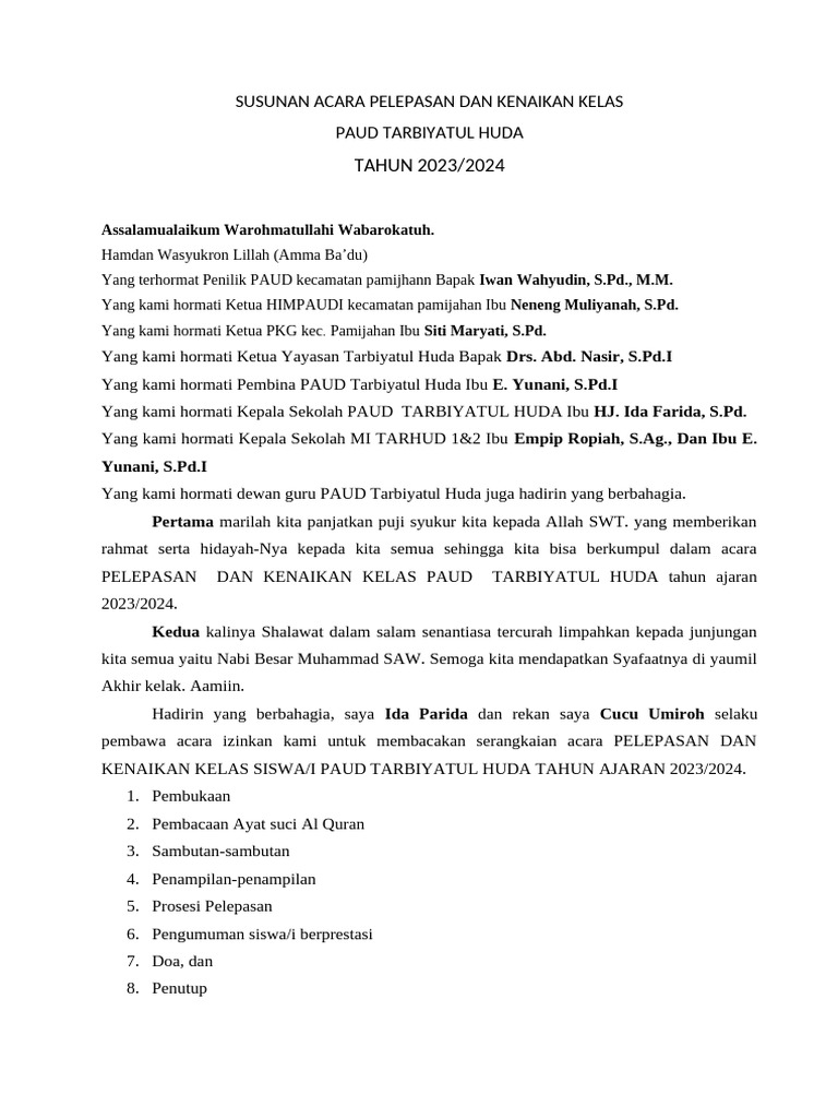 Susunan Acara Pelepasan Dan Kenaikan Kelas Paud Tarhud | PDF Susunan Acara Pelepasan Dan Kenaikan Kelas Paud Tarhud | PDF