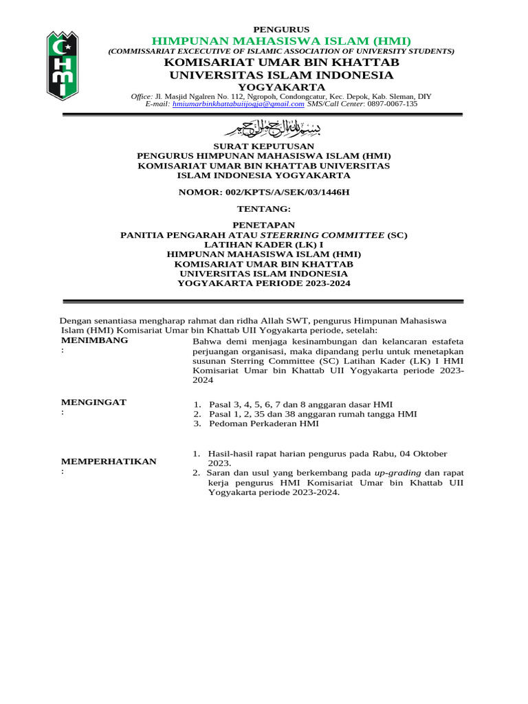 002.KPTS.A.SEK.03.1446H SK Pembentukan SC LK I HMI UMAR BIN KHATTAB (ANGKATAN 01) | PDF