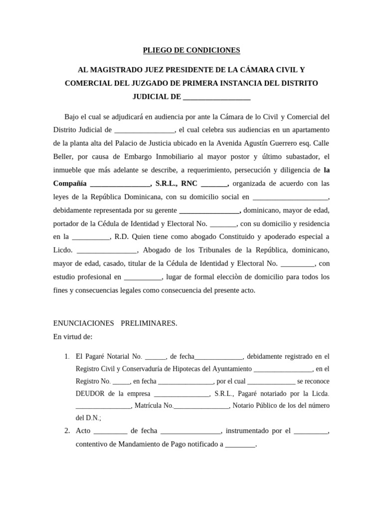 Pliego de Condiciones para Embargo Inmobiliario | PDF