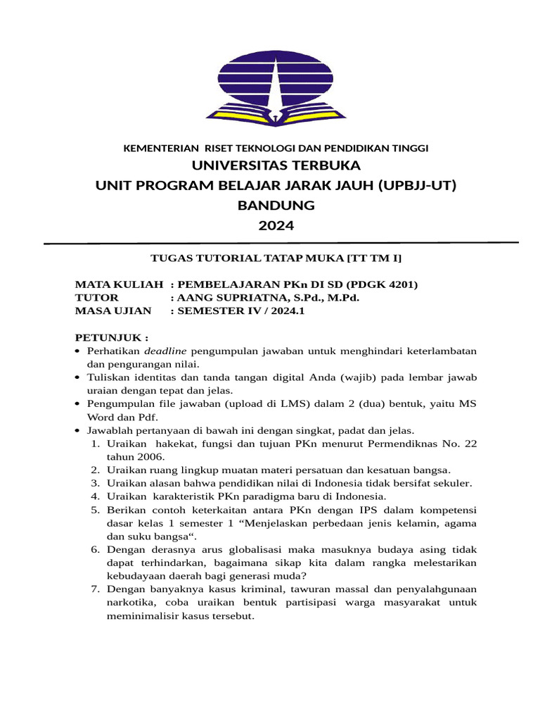 Soal TT 1 (PDGK4201) - Kurniawati Nur Azizah - Nim857491271 | PDF