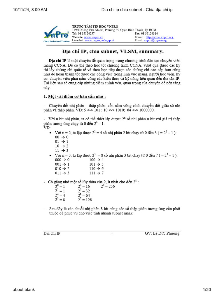 Dia chi ip chia subnet - Chia địa chỉ ip | PDF