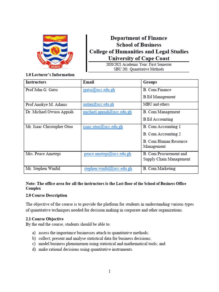 Quantitative Methods I Course Outline | PDF