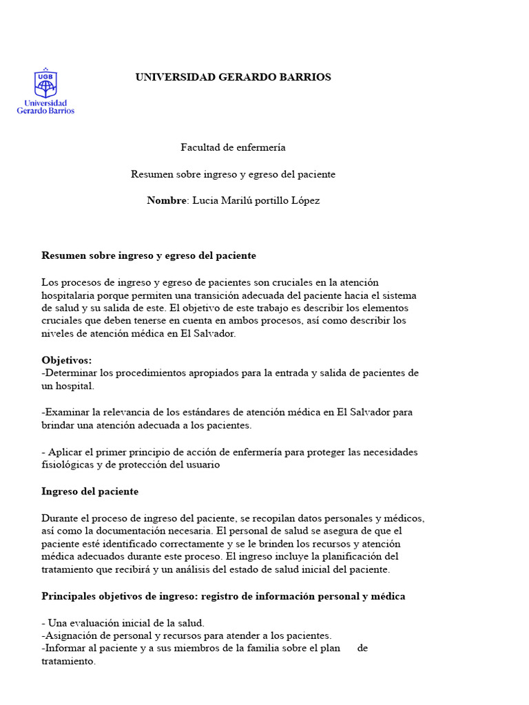 Resumen Del Ingreso y Egreso Del Paciente | PDF | Hospital | Medicina