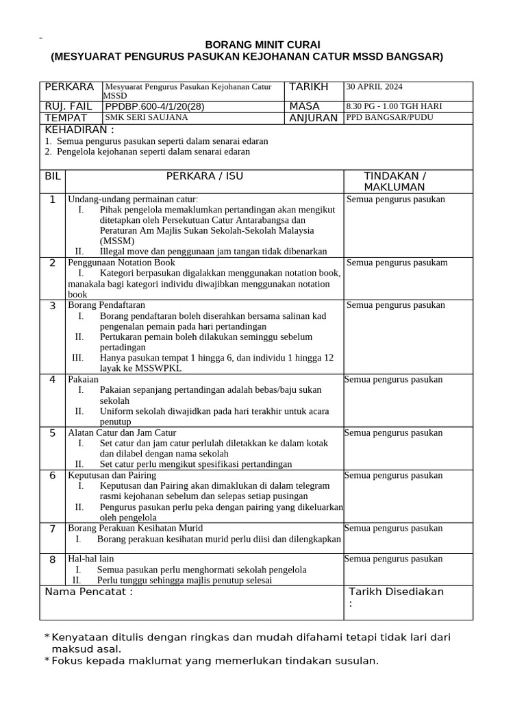 Minit Curai Catur MSSD | PDF