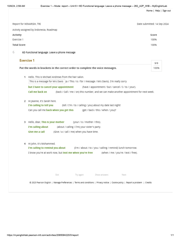 Exercise 1 - Mode - Report - Unit 6 - 6D Functional Language - Leave A Phone Message - 262 - A2P ...