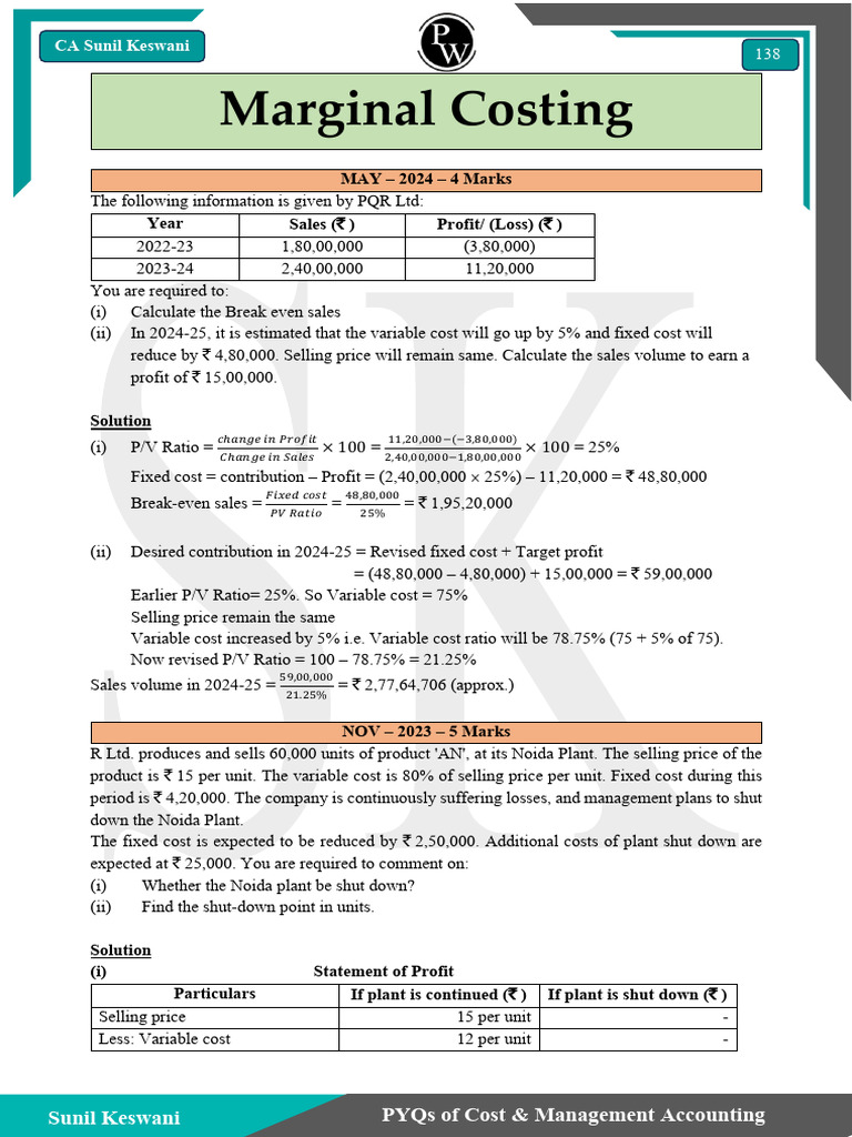 Marginal Costing | PDF | Profit (Economics) | Business Economics