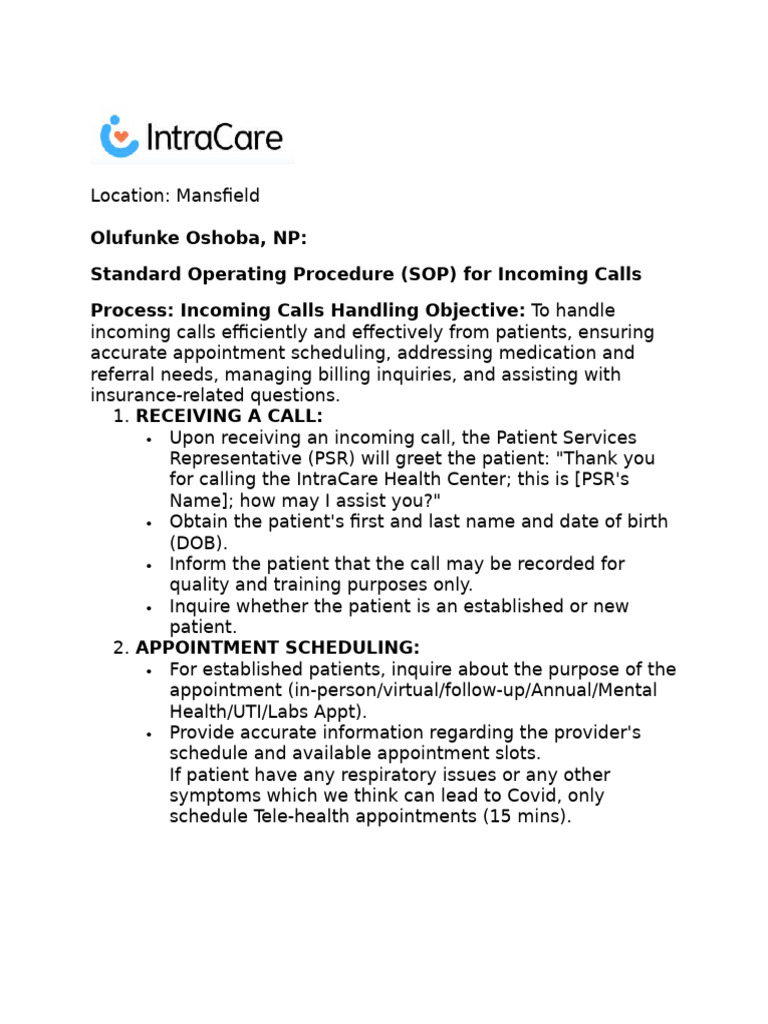 Sop Incoming Calls Mansfield Updated | PDF