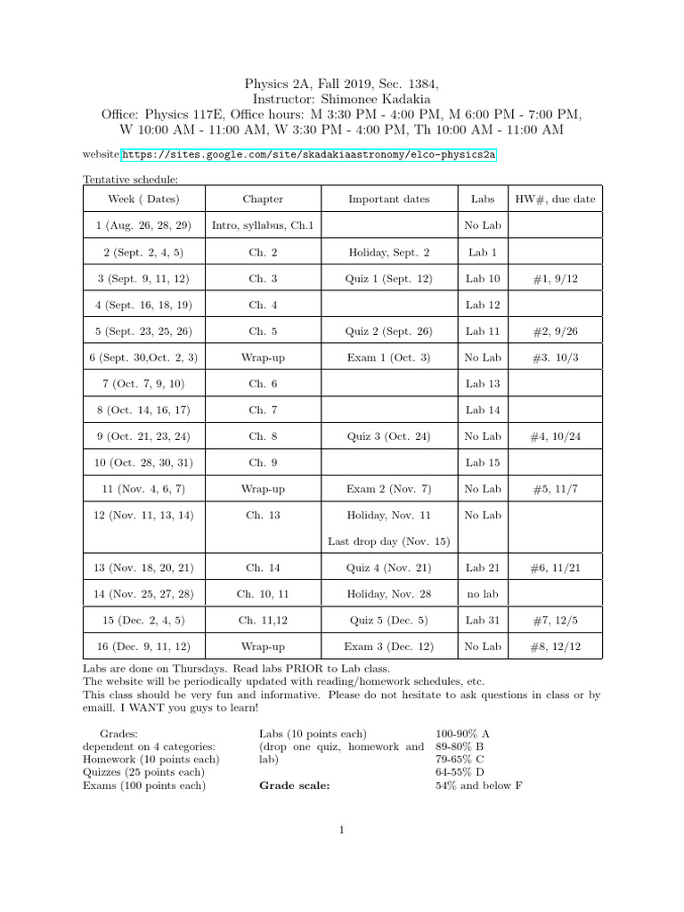Physics 2A Chapters To Be Taught - Kadakia - P2A - Fa2019 | PDF | Quiz Games