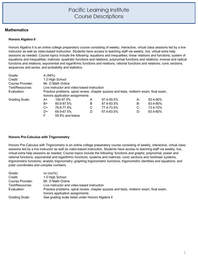 Homeschool Course Descriptions Sample | PDF | Function (Mathematics ...