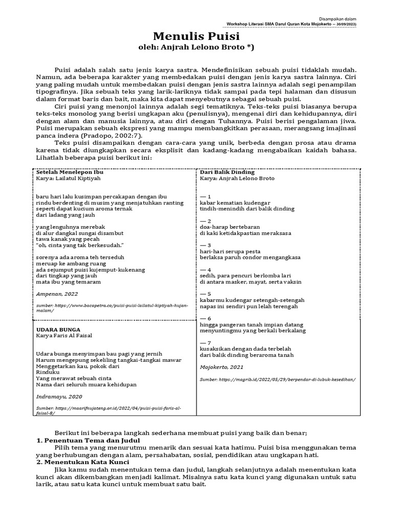 Makalah - Workshop Literasi Di SMA Darul Quran Mojokerto (30092023) | PDF