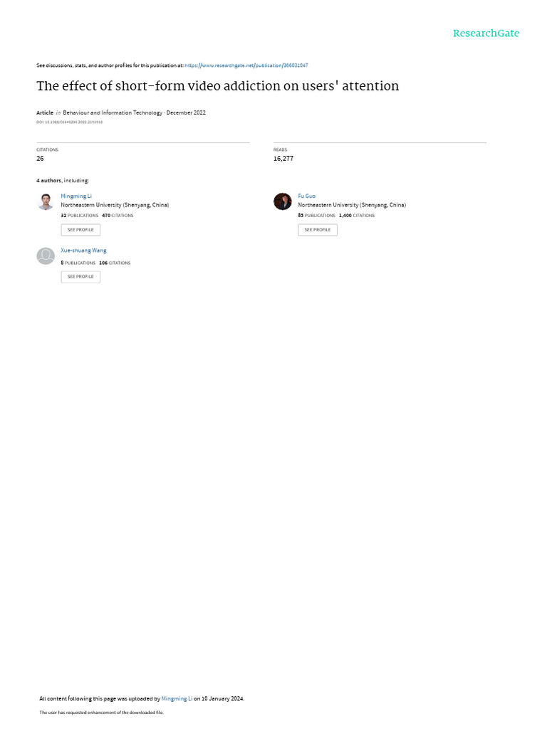 The Effect of Short-Form Video Addiction On Users' Attention | PDF