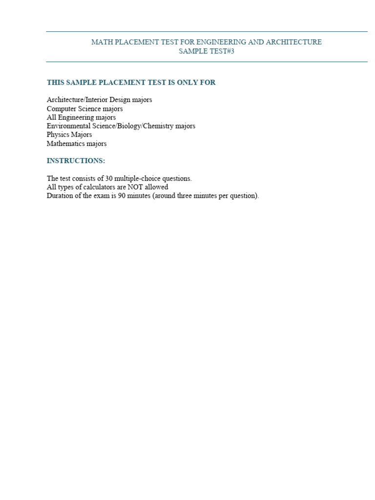 Engineering Architecture Math Placement Test Sample 3 With Answer Key | PDF