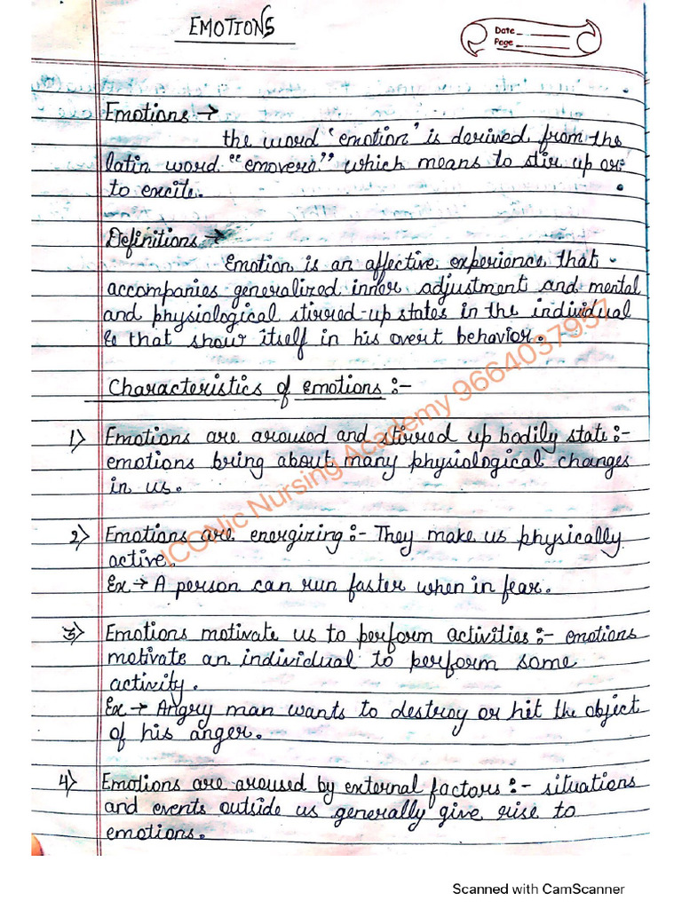 Psychology Emotions Unit Handwritten Note | PDF