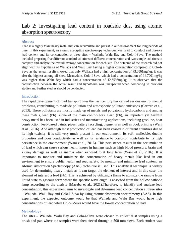 CH312 - LAB 2 - Determination of Lead (PB) Besides Roadside Dust | PDF | Atomic Absorption ...