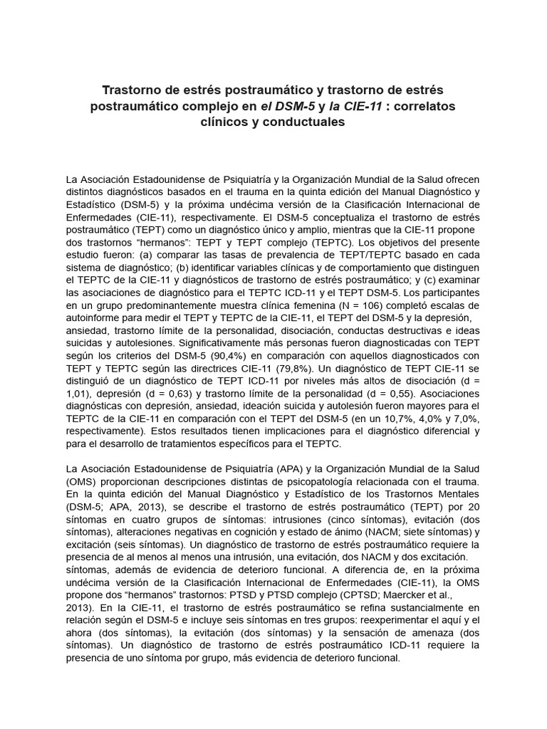 Trastorno de estrés postraumático y trastorno de estrés postraumático complejo en el DSM-5 y la ...