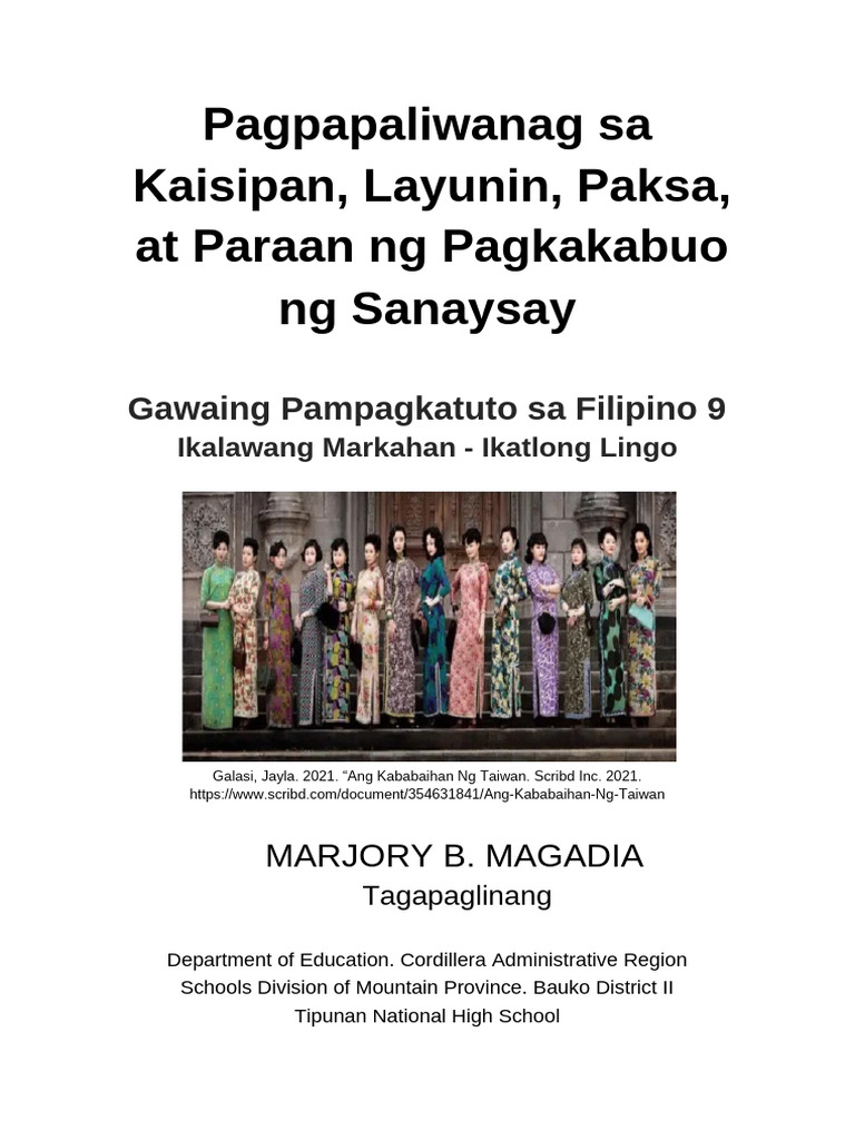 Filipino 9 Q2 W3 Pagpapaliwanag Sa Kaisipan Layunin Paksa at Paraan NG Pagkakabuo NG Sanaysay | PDF