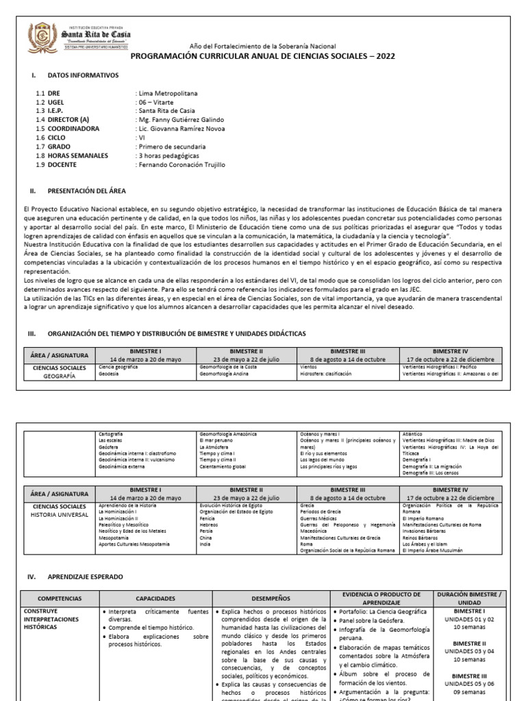 Programación Curricular Ccss. 1sec Santa Rita de Casia | PDF