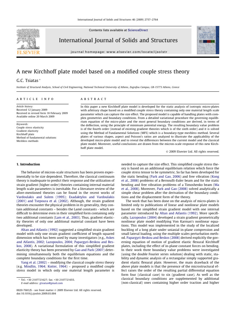 A New Kirchhoff Plate Model Based On A Modified Couple Stress Theory | PDF