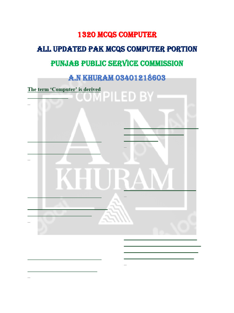 1320 Mcqs Computer All Updated From Pak Mcqs | PDF | Computer Data Storage | Computers