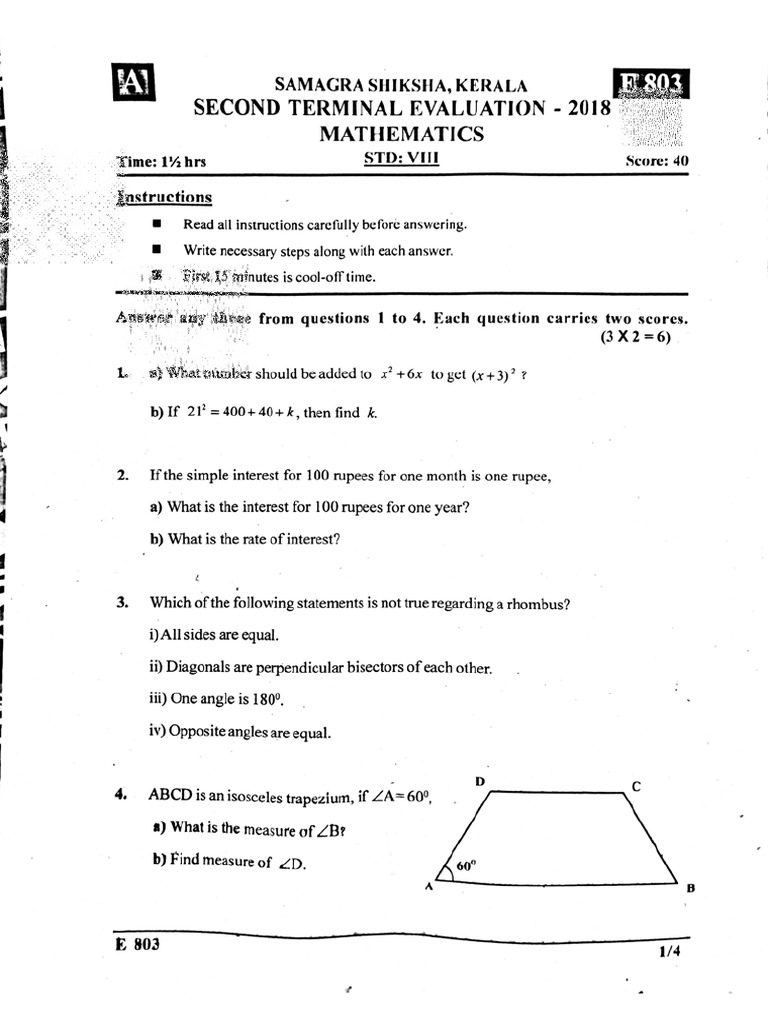 Christmas Exam 2018 Class VIII Question Paper - MATHS-EM | PDF