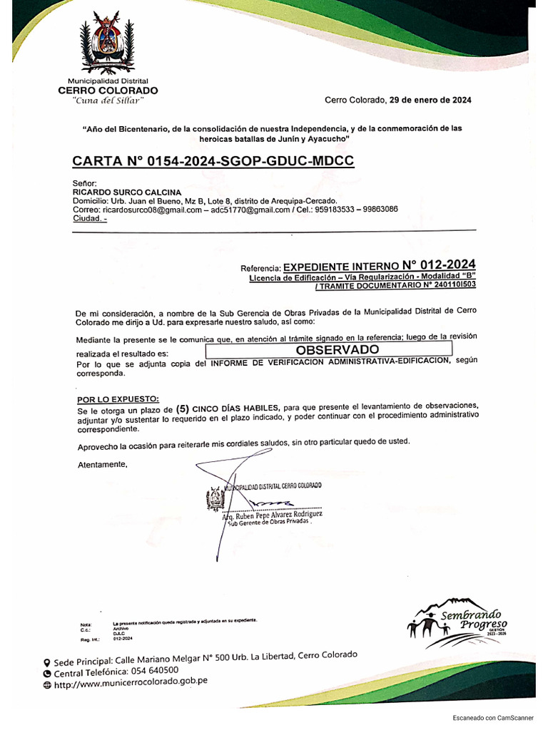 Carta #154-2024 Exp. Int. 012-2024 | PDF