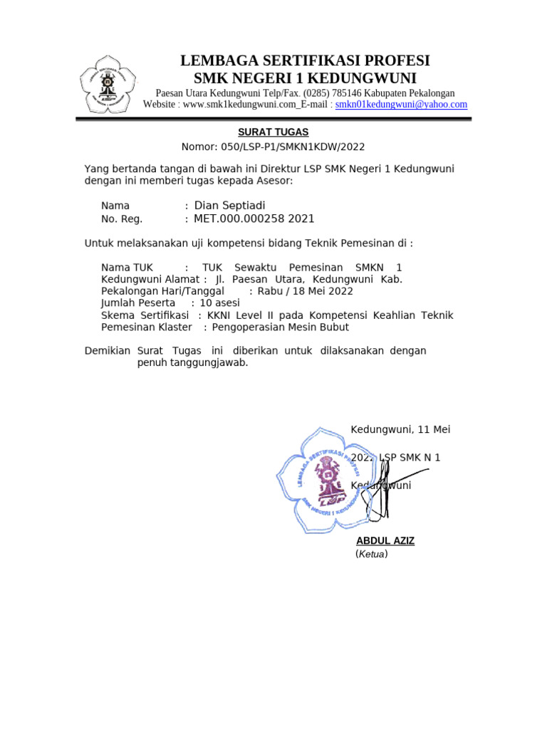 Surat Tugas Asesor - Maret 2022 | PDF