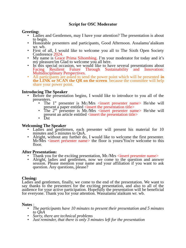 Moderator Script OSC 2024 | PDF