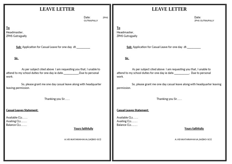 Leave Letter Ready Made S A To HM | PDF