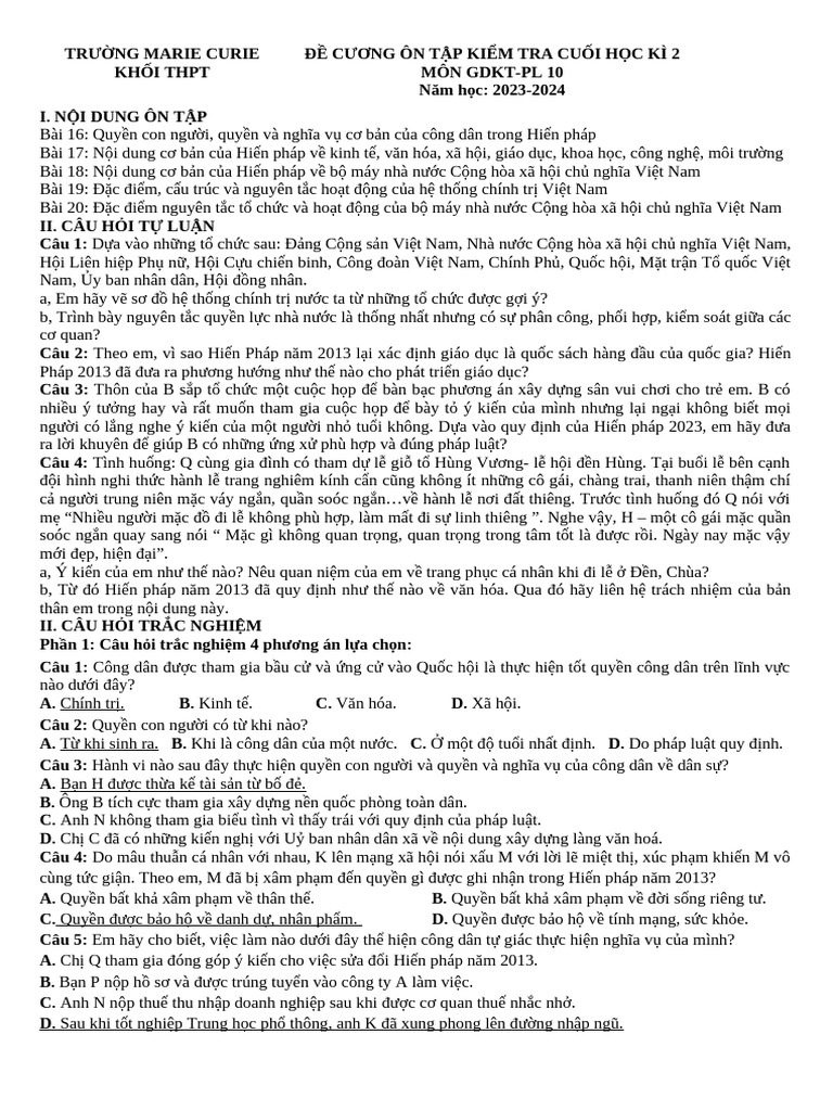 Hk2.gdktpl10.đề Cương Ô Tập Cuối Kì | PDF