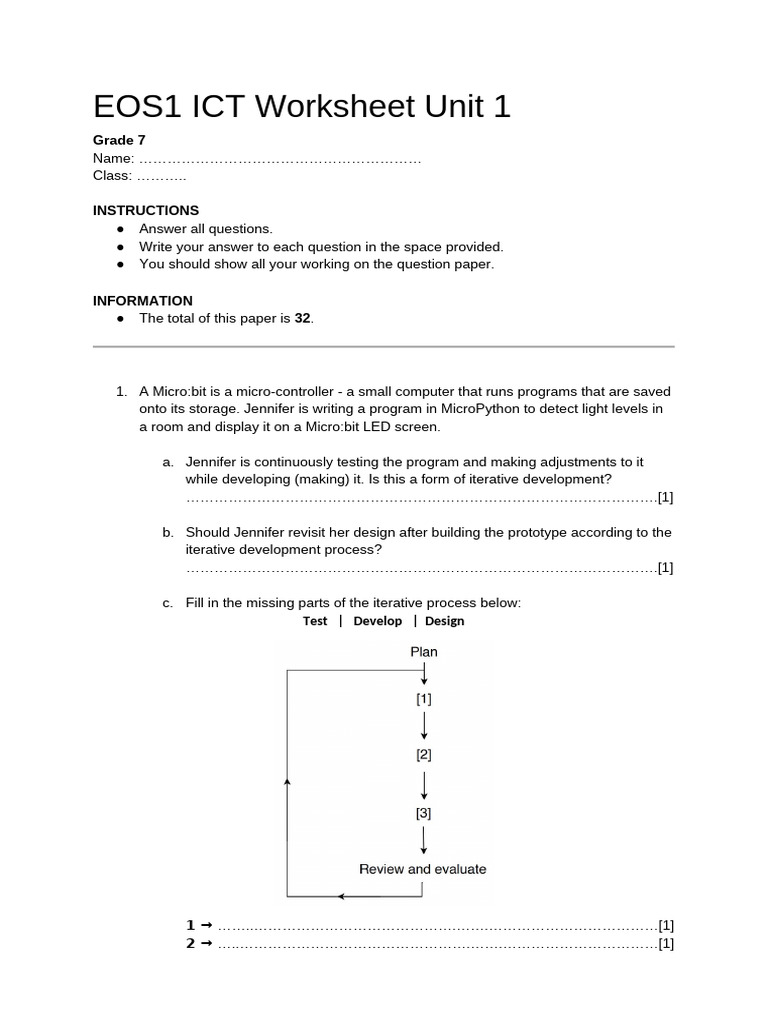 Grade 7 ICT Based On EOS1 Worksheet Unit 1 | PDF