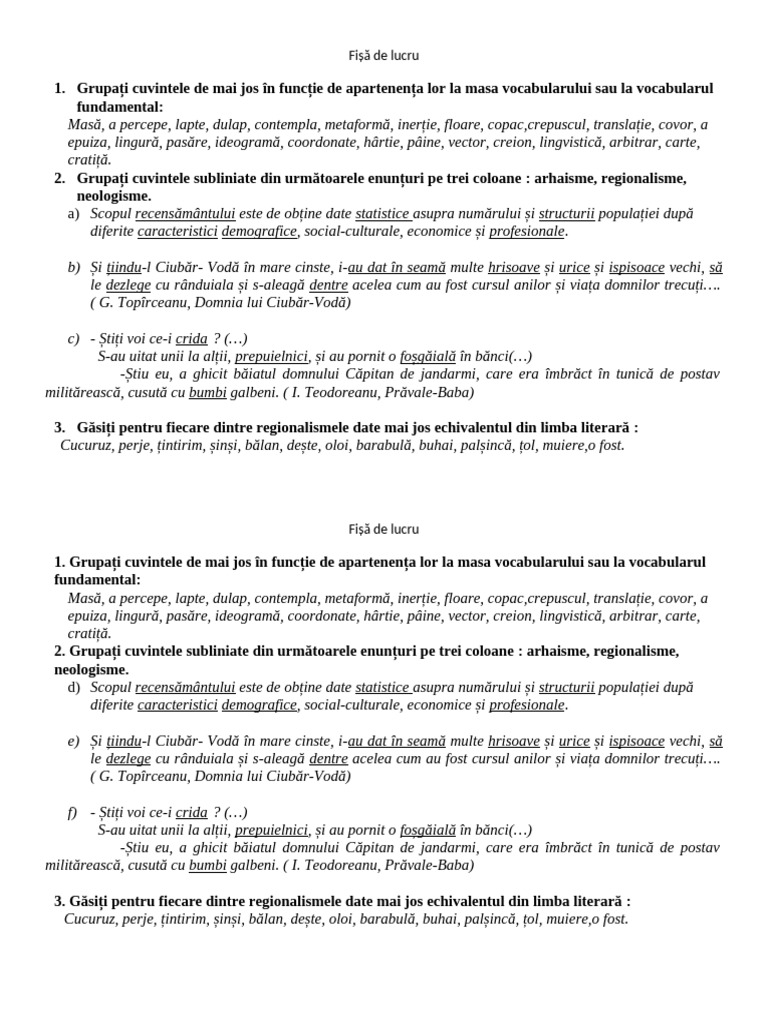 Fisa de Lucru Arhaisme Regionalisme Neologisme | PDF