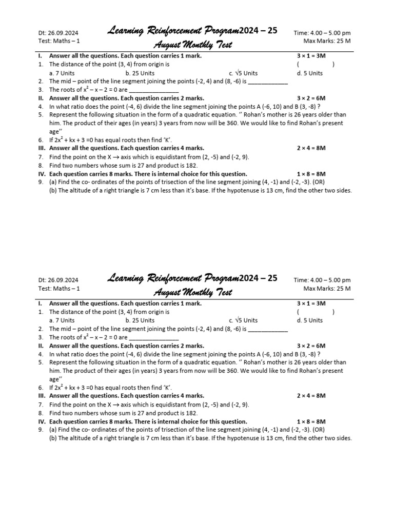 Monthly Test Mathematics-1 | PDF