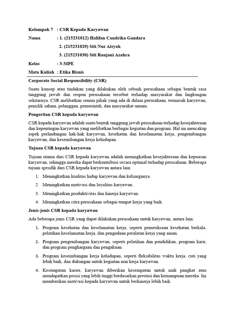 Kelompok 7 - 3-Mpe - CSR Kepada Karyawan | PDF